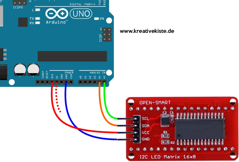 Arduino Programmierung des OPEN-SMART 0.8 "Zoll 16x8 I2C LED Dot Matrix Display Modul mit Ardublock